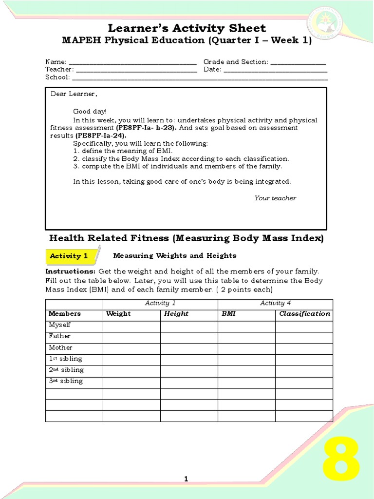 Learner's Activity Sheet: MAPEH Physical Education (Quarter I - Week 1) | Download Free PDF ...