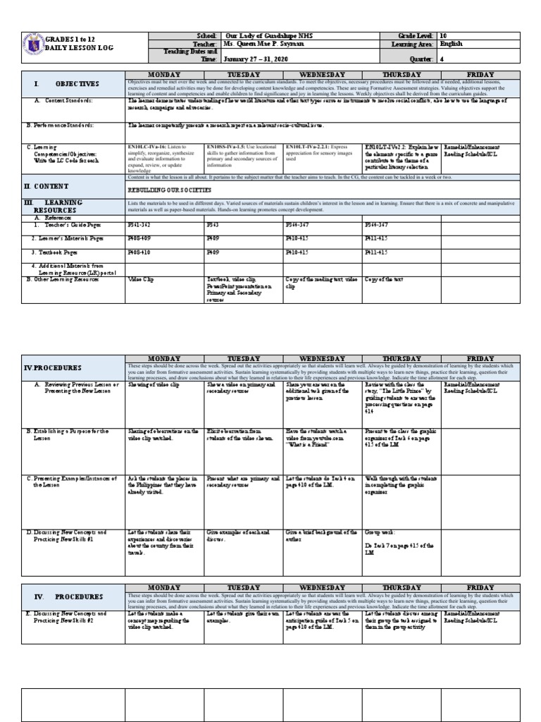 Grade 10 English Daily Lesson Plan | PDF | Learning | Curriculum