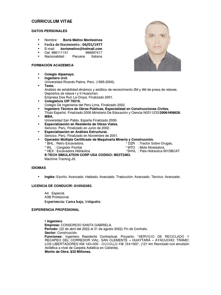 CV BORIS MELINC 01.09.2022d | PDF | Ingeniero civil | Perú