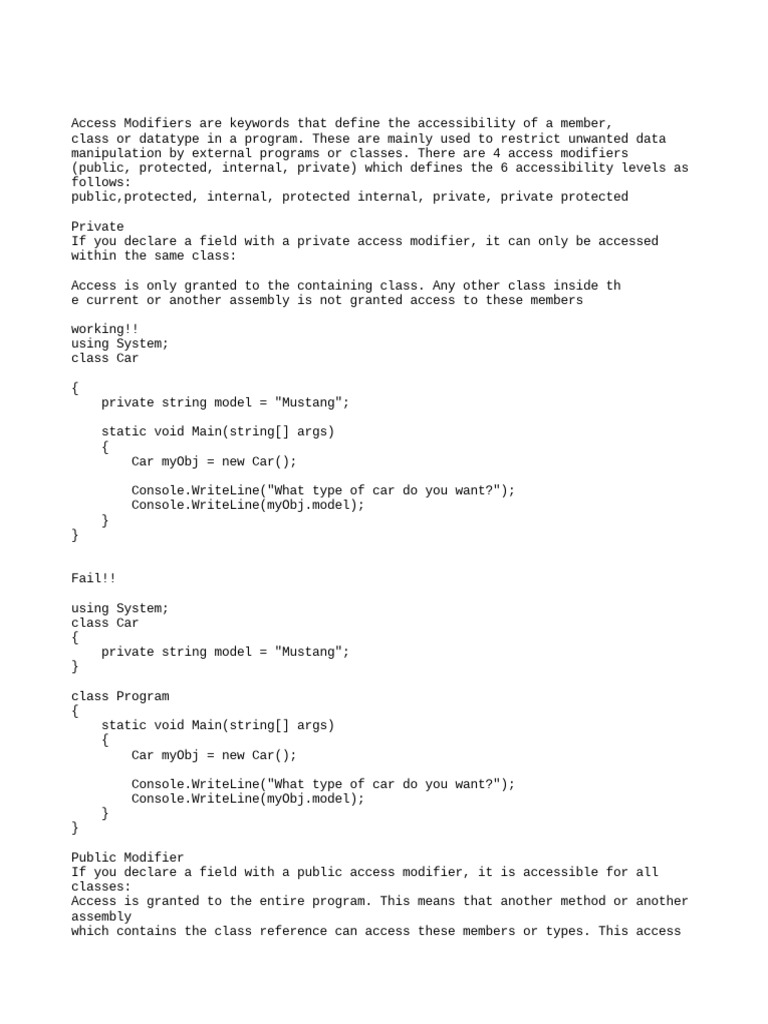 Access Specifier Overview in C# | PDF | Computers