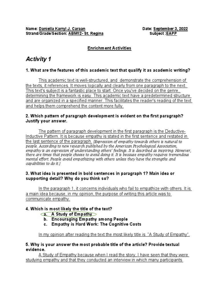 Enrichment Acts Eapp Caraan | PDF | Empathy | Reading Comprehension
