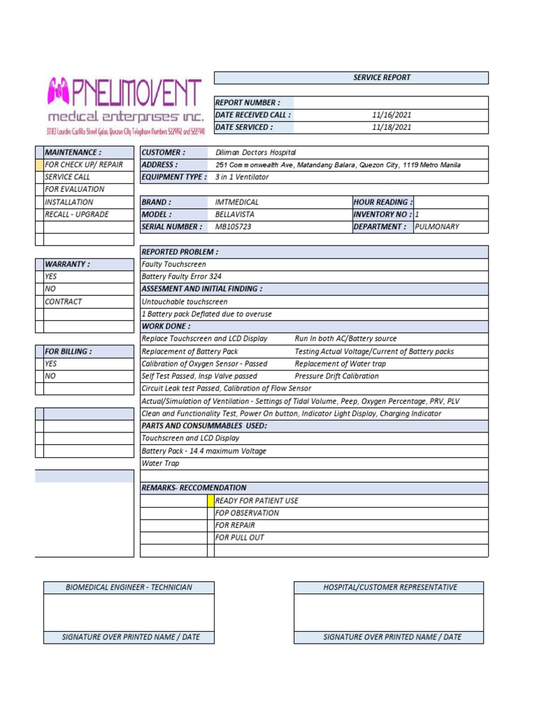 Hospital Ventilator Service Report | PDF | Touchscreen | Manufactured Goods