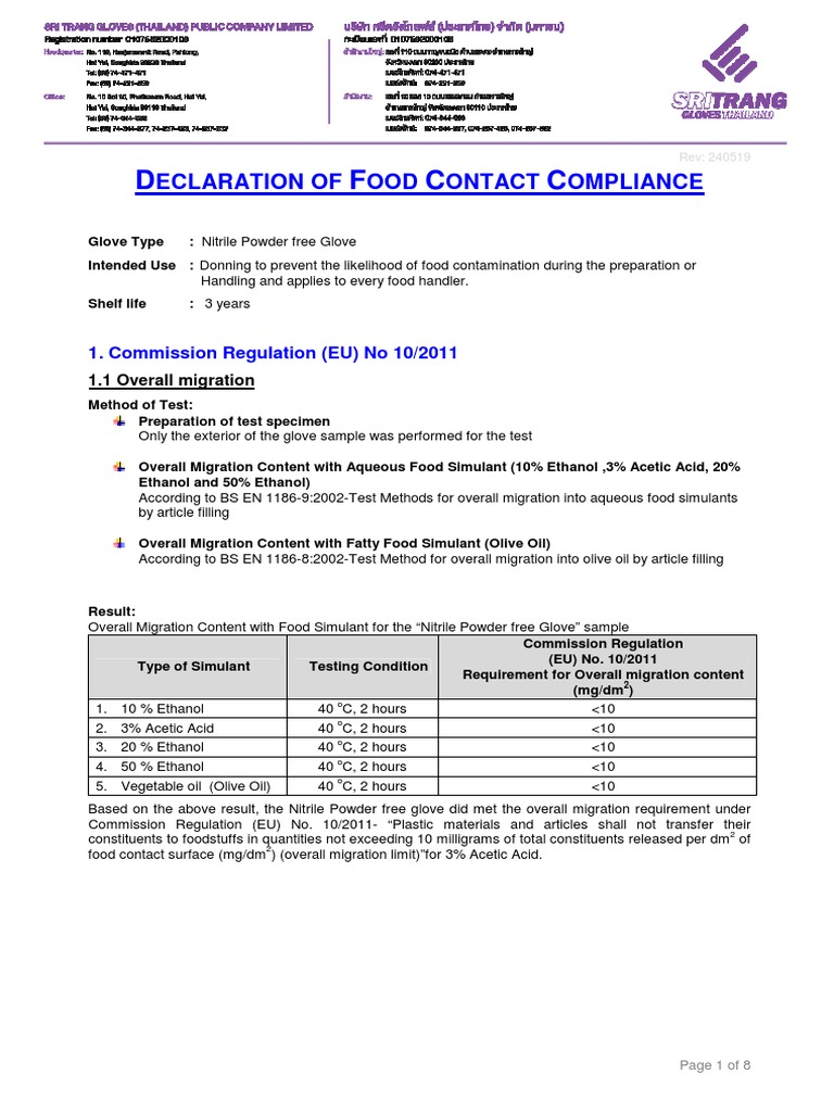 Declaration of Food Contact Compliance Nitrile Powder Free Glove (NPT ...