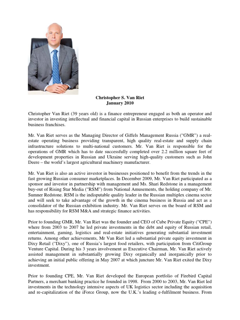 Christopher Van Riet Biography 2010 | PDF | Private Equity | Russia