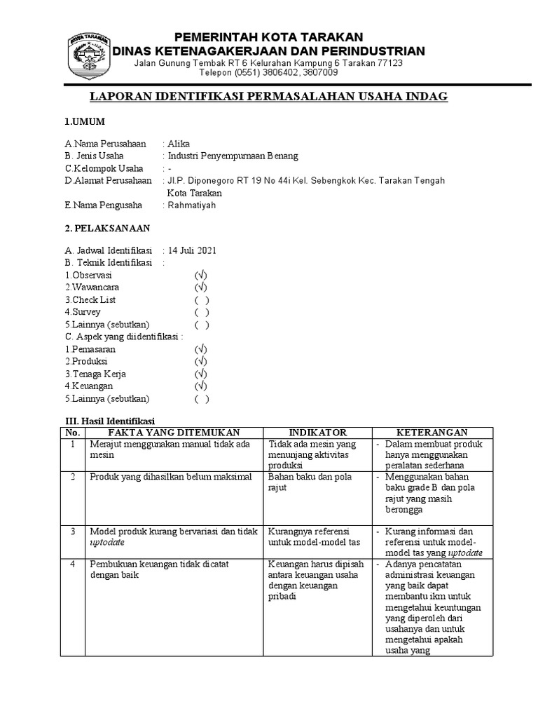 Laporan Identifikasi Permasalahan Usaha Indag | PDF
