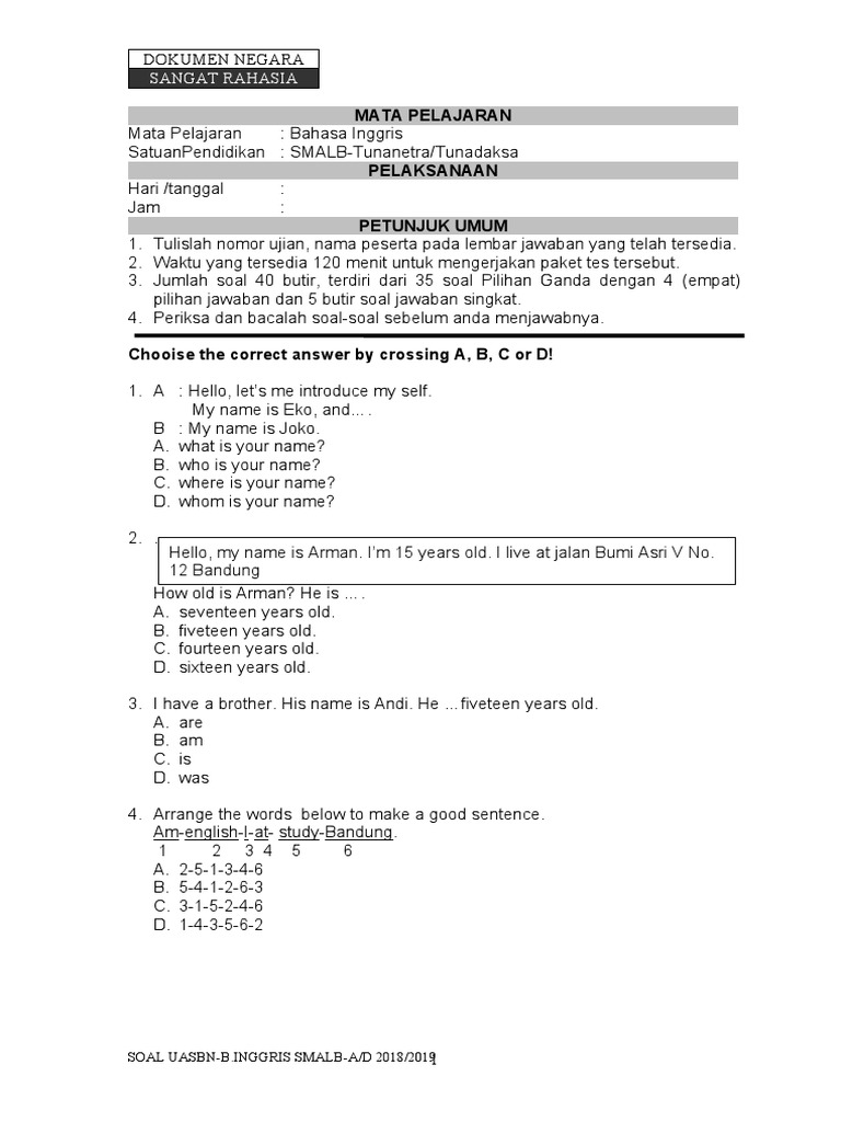 Soal Uasbn BHS - Inggris Smalb A-D 2019 Utama | PDF