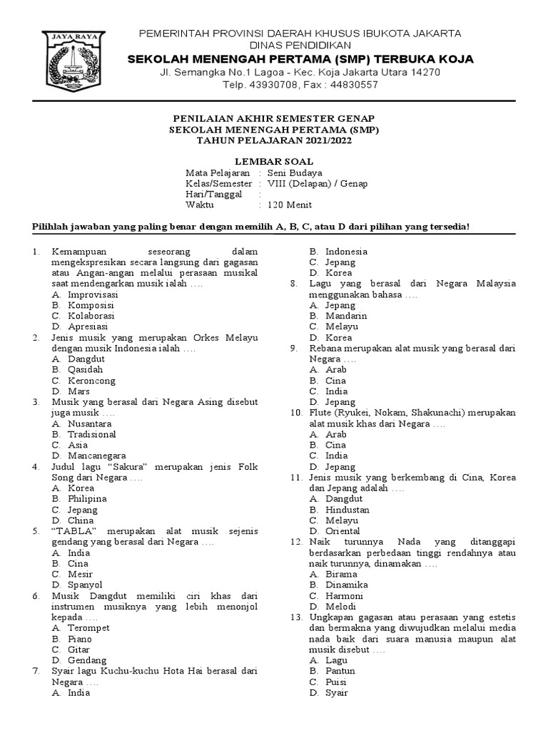 Soal Pas Seni Budaya Kelas Viii | PDF