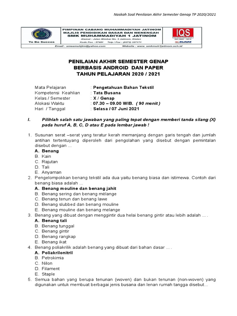 Pengetahuan Bahan Tekstil Soal Pas Genap 2020 2021 | PDF