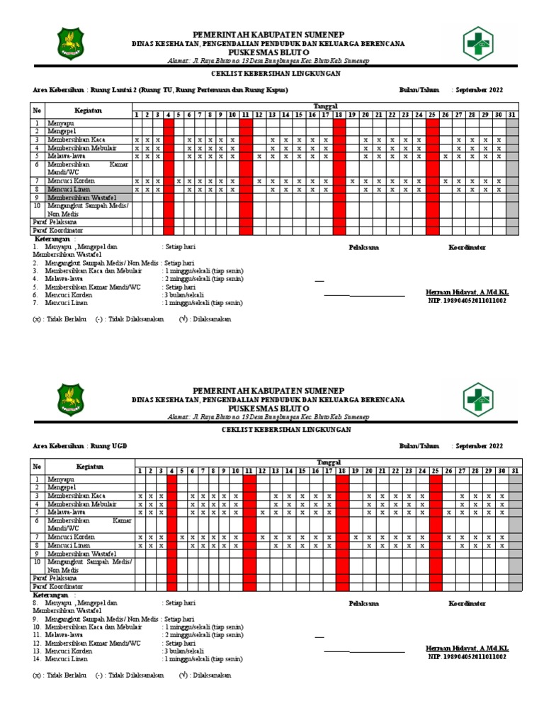 Contoh Chek List Kebersihan Lingkungan Puskesmas | PDF