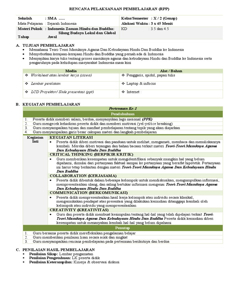 RPP Sejarah Indonesia Kelas 10 SEM 2 | PDF