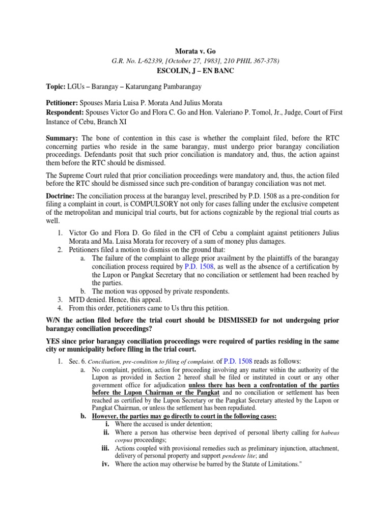 Barangay Conciliation Mandatory in Court Cases | PDF | Complaint ...