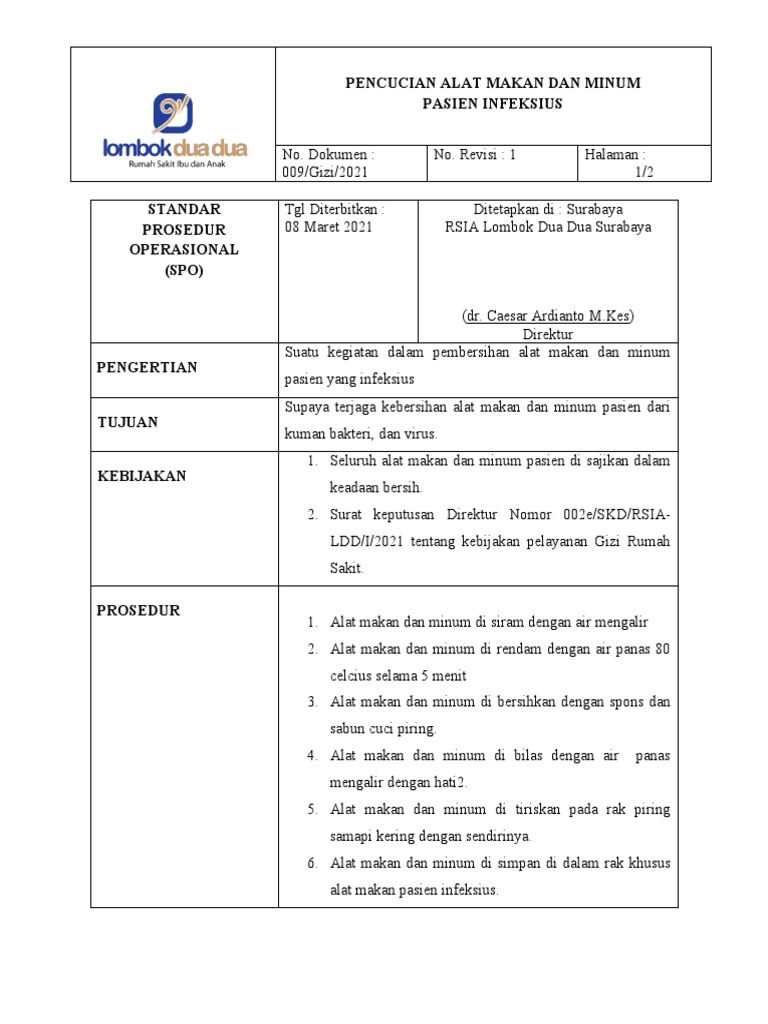 009.spo. Pencucian Alat Makan Dan Minum Pasien Infeksius | PDF