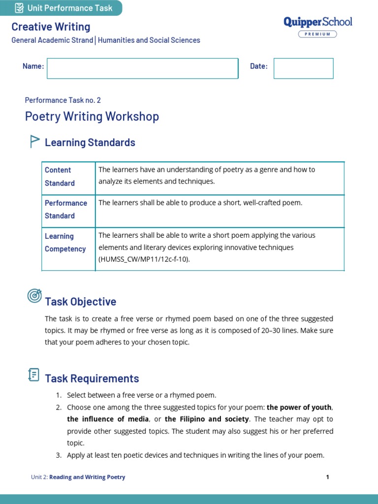 Performance Task 1st Quarter Poetry Writing Workshop | PDF | Poetry | Rubric (Academic)