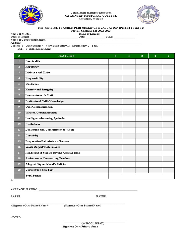 Pre-Service Teacher Evaluation Form | PDF
