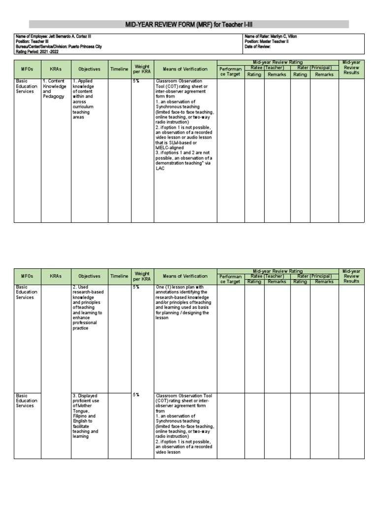 Mid Year Review Form for Proficient Teachers (1) | PDF | Teachers ...
