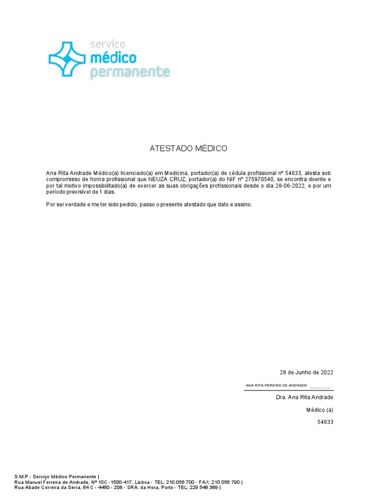 Atestado Médico S.M.P. | PDF | Remédio | Ciências da Saúde