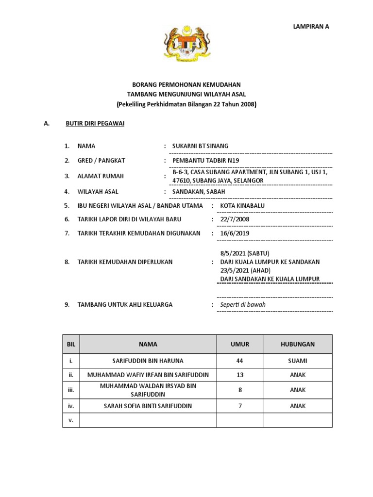 Borang Kemudahan Tambang Mengunjungi Wilayah Asal | PDF