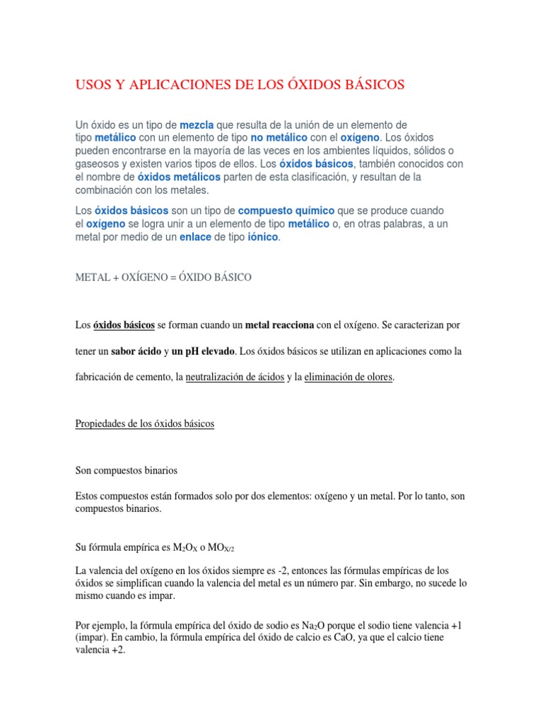 Usos y Aplicaciones de Los Óxidos Básicos | PDF | Óxido | Compuestos químicos