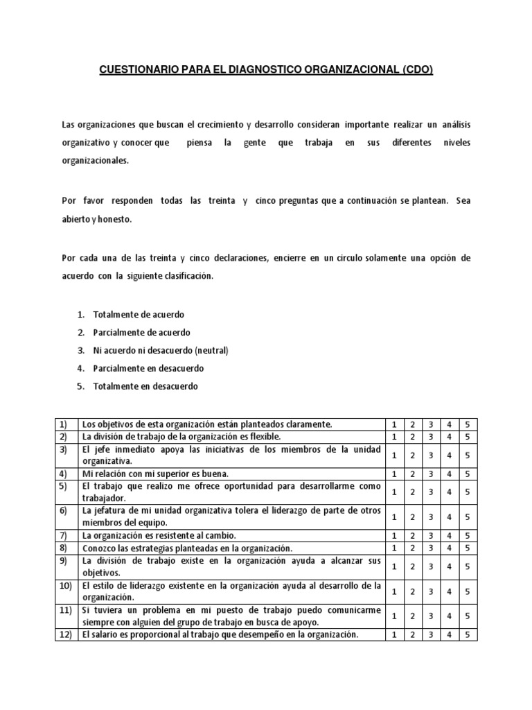 Cuestionario para El Diagnostico Organizacional (Cdo) | PDF | Liderazgo