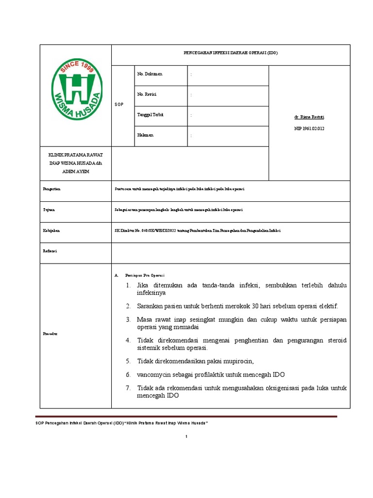 Sop Pencegahan Infeksi Daerah Operasi (IDO) | PDF