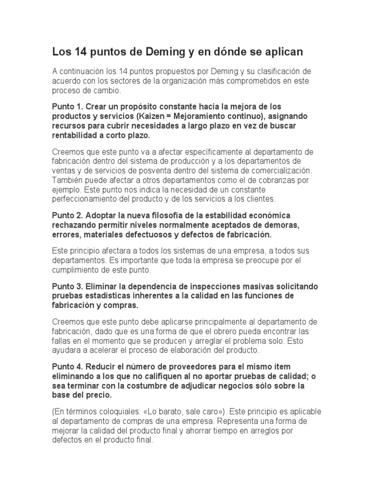 Los 14 Puntos de Deming y en Dónde Se Aplican | PDF | Gestión de ... Los 14 Puntos de Deming y en Dónde Se Aplican | PDF | Gestión de ...