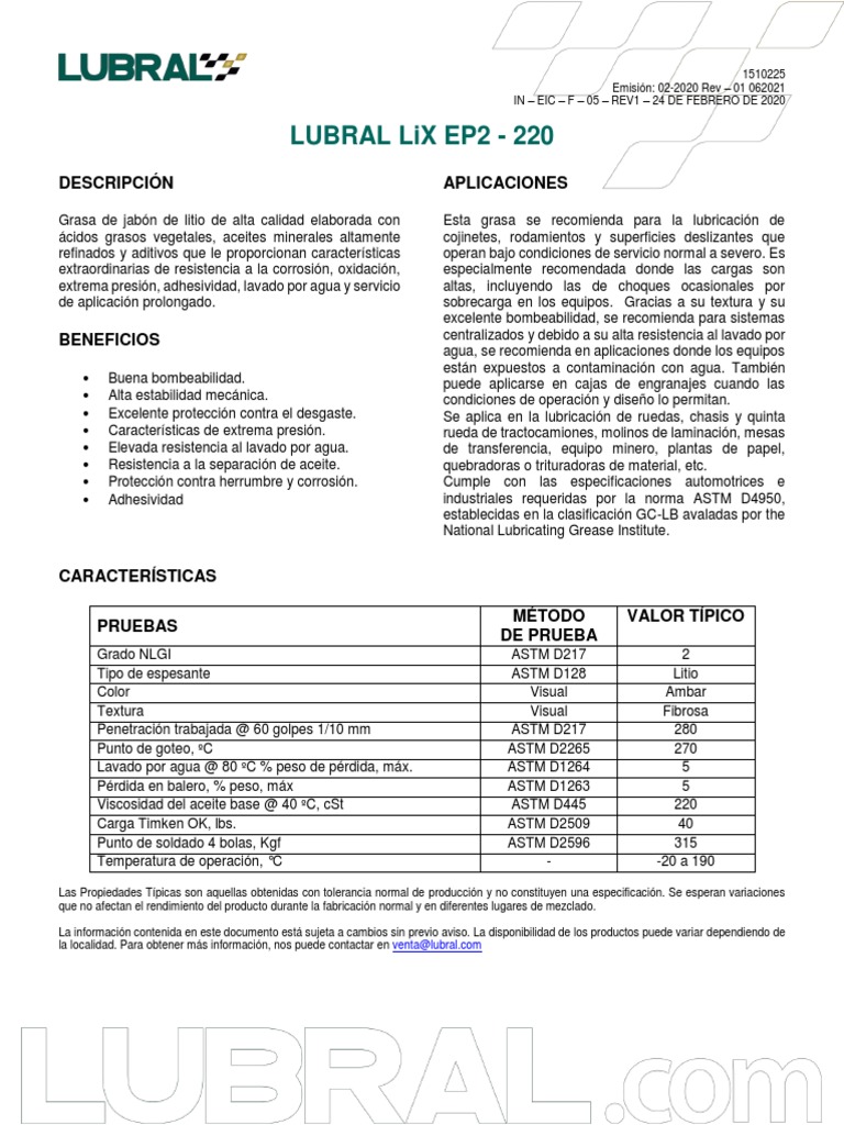 LUBRAL LiX EP2 - 220 | PDF | Sustancias químicas | Ingeniería mecánica