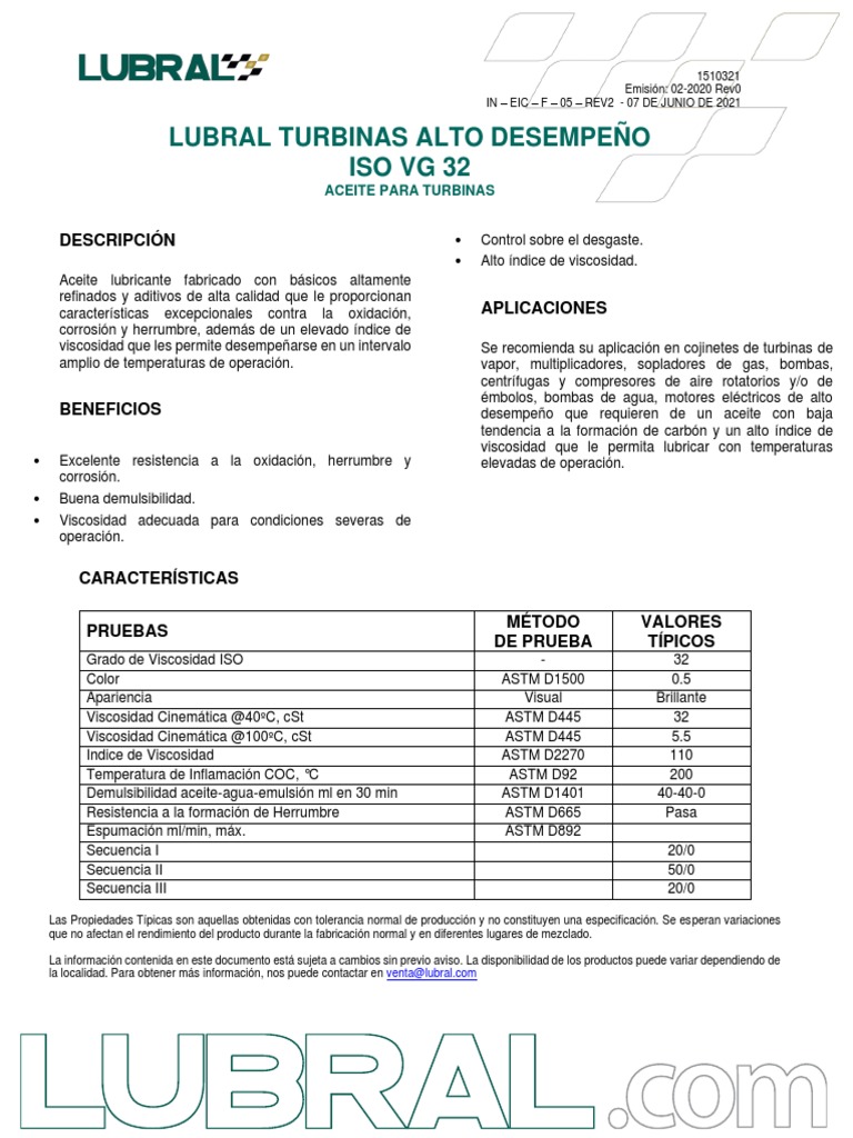 Lubral Turbinas Alto Desempeno Iso VG 32 | PDF | Petróleo | Lubricante