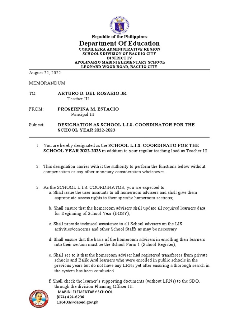 LIS Coordinator Designation Memo 2022-2023 | PDF | Career & Growth