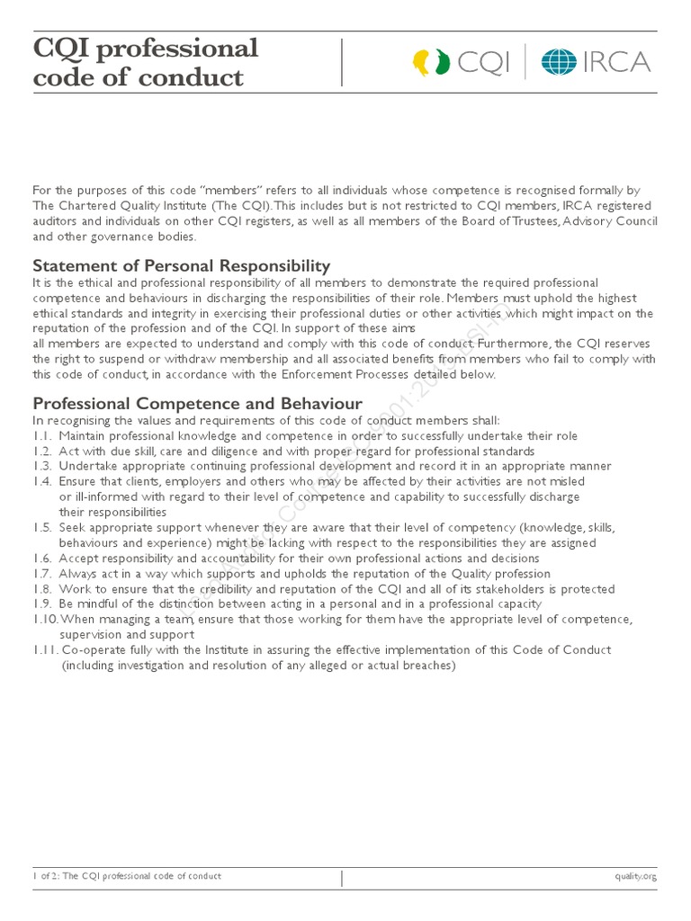 03.6 CQI+IRCA The Professional Code of Conduct | PDF | Reputation ...