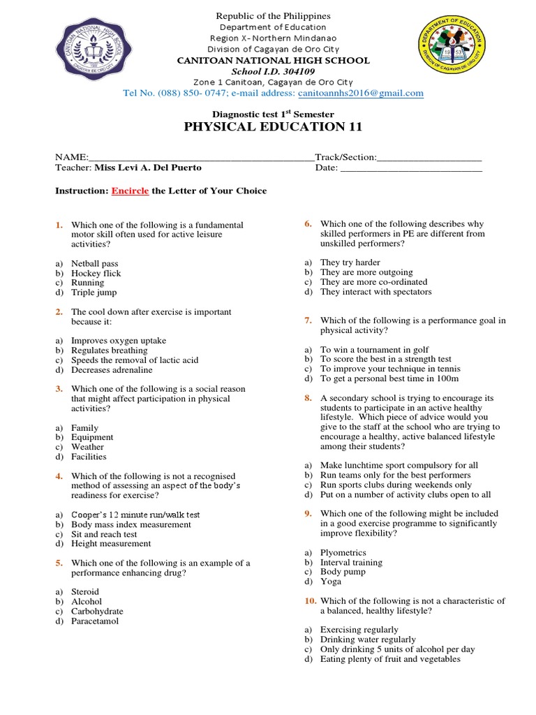Diagnostic Test for Physical Education 11 | PDF | Physical Fitness ...