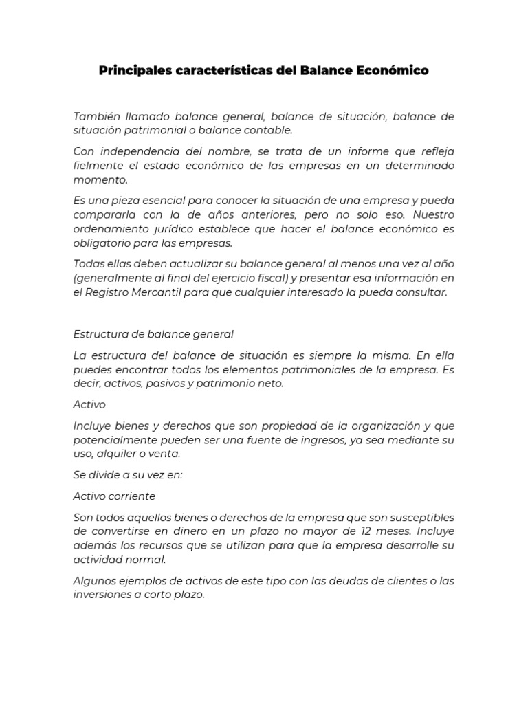 Principales Características Del Balance Económico | PDF | Hoja de ...