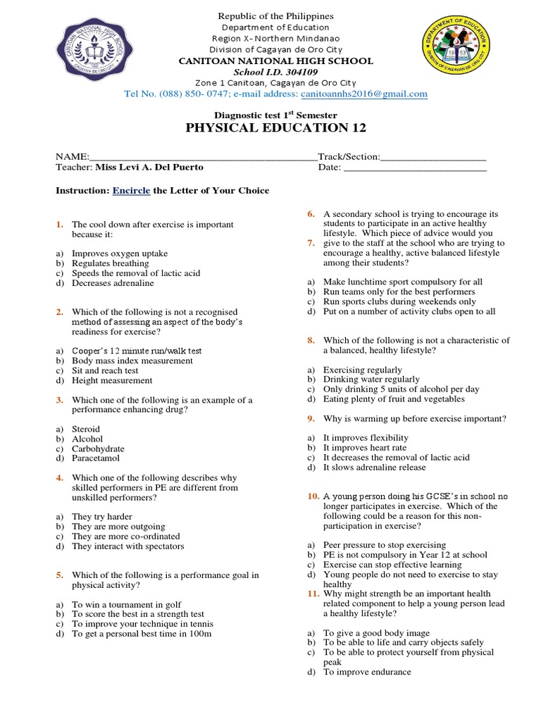 Diagnostic Test FINAL PE 12 | PDF | Physical Fitness | Flexibility ...