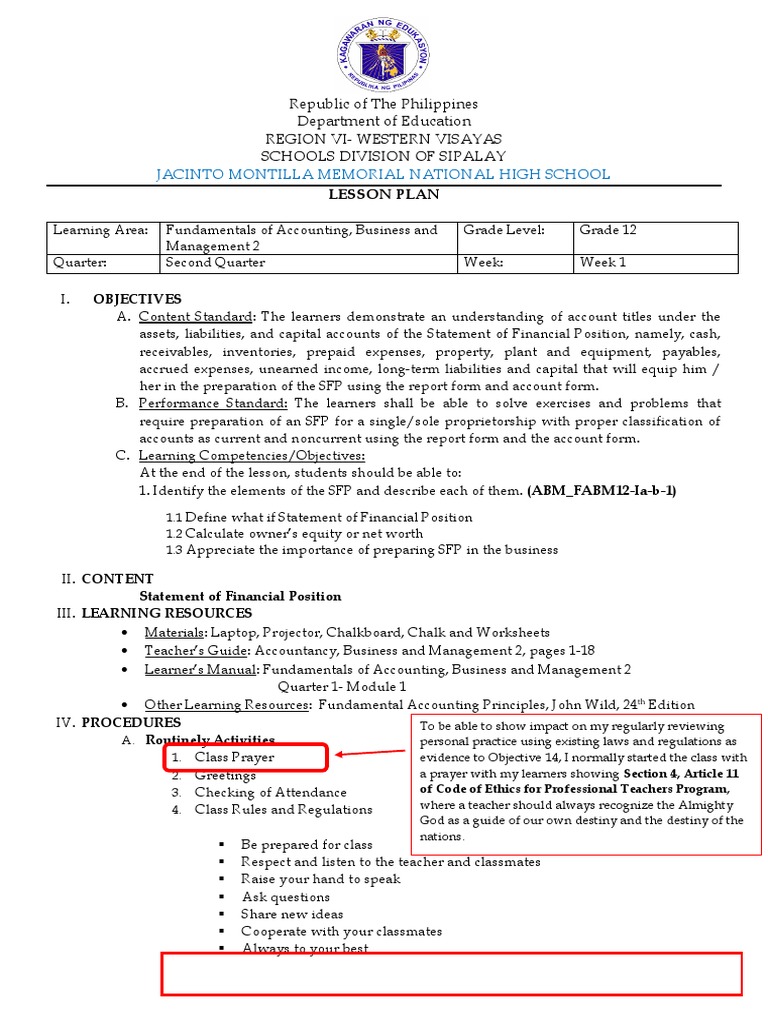 Detailed Lesson Plan FABMQ1W1 | PDF | Balance Sheet | Equity (Finance)