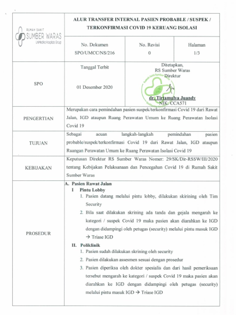 Spo Alur Transfer Internal Pasien Suspek | PDF