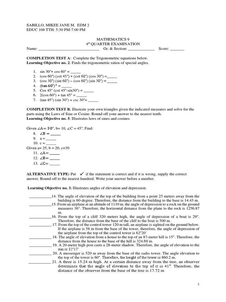 Mathematics 9th Grade Exam with Detailed Answer Key Covering Trigonometric Ratios, Special ...