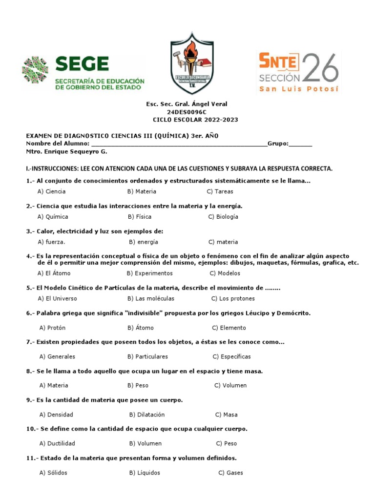 Diagnóstico Química 3ero Angel Veral | PDF | Importar | Gases