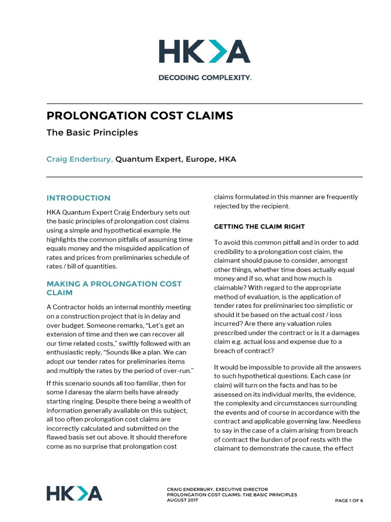 Craig Enderbury Prolongation Cost Claims The Basic Principles1 | PDF ...