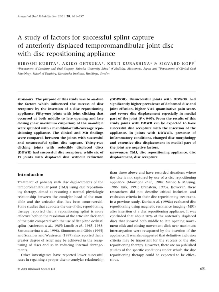 A Study of Factors For Successful Splint Capture of Anteriorly ...