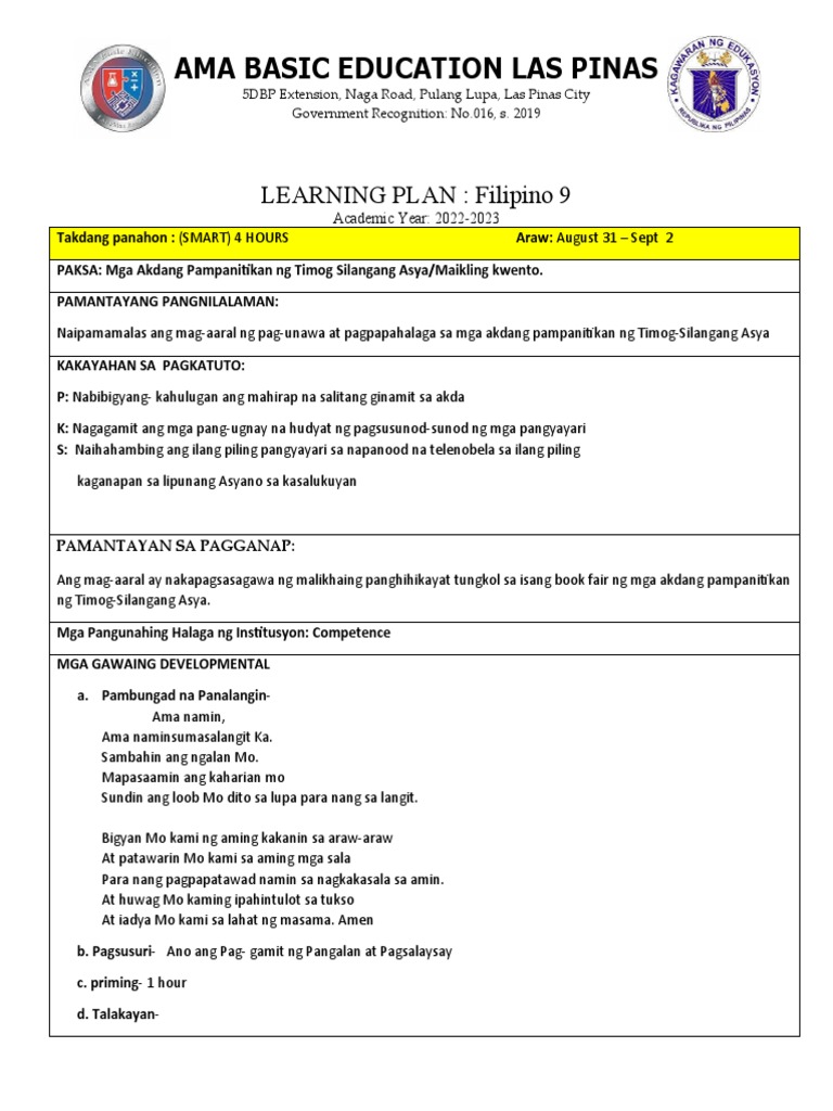 Lesson Plang Filipino 9 | PDF