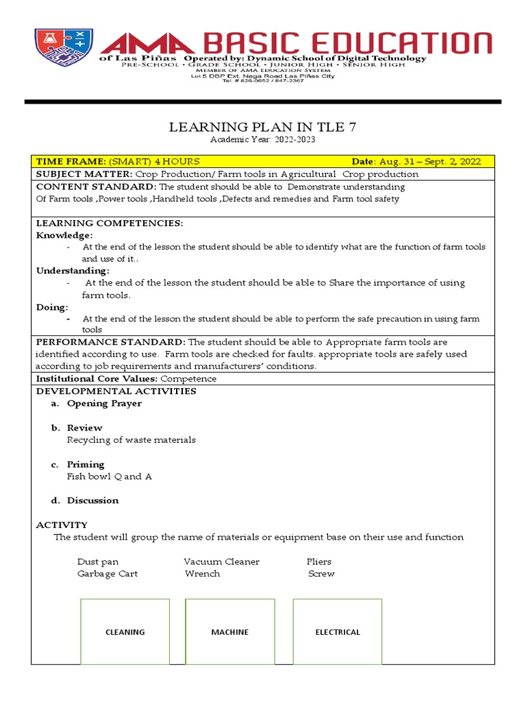 LESSON PLAN TLE 7 and 8 | PDF | Plough | Tools
