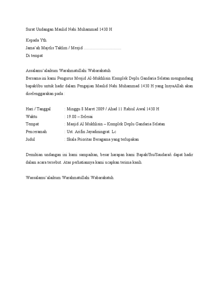 294413802-Contoh-Surat-Undangan-Maulid-Nabi-Muhammad-SAW Di Masjid | PDF