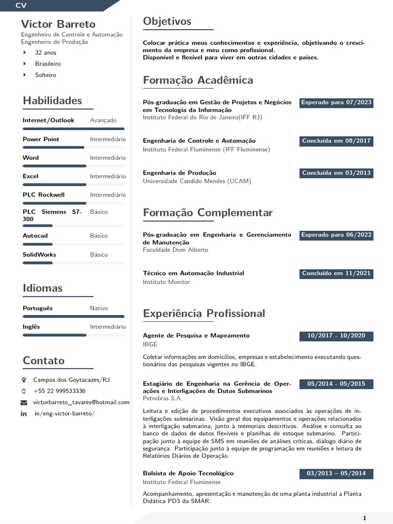 CV Victor - Barreto | PDF | Engenharia | Automação