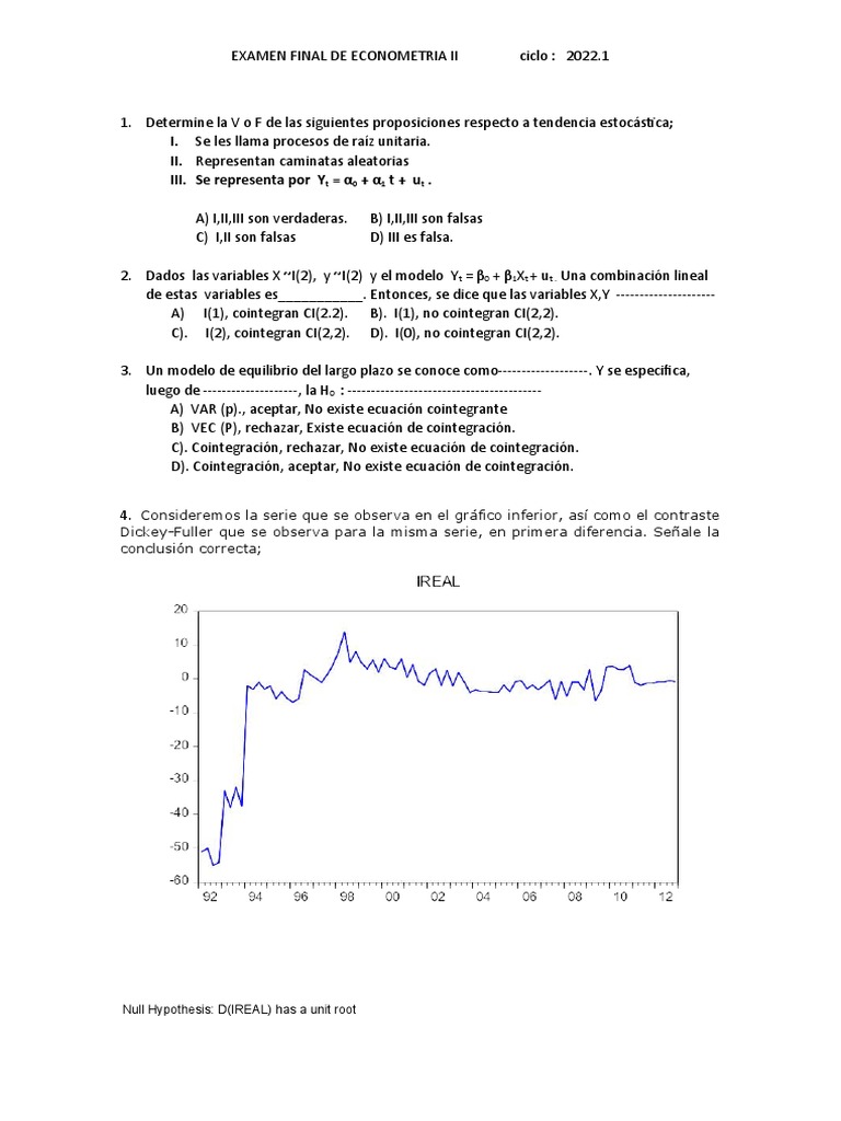 Examen final de econometría II: preguntas y respuestas | PDF | Teoría estadística | Análisis ...