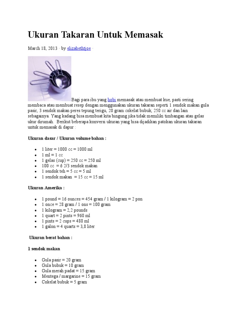 Ukuran Takaran Untuk Memasak | PDF