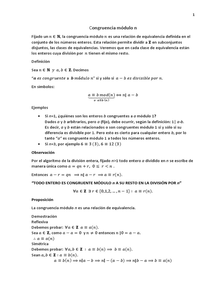 Propiedades de la congruencia módulo n | PDF | Teoría de los números ...