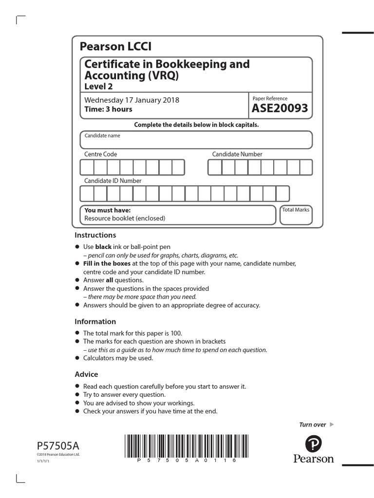 LCCI Level 2 Certificate in Bookkeeping and Accounting ASE20093 ...