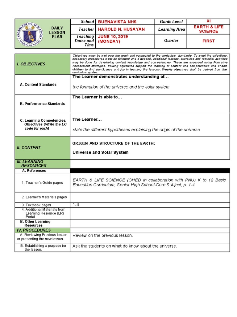 Daily Lesson Plan For Grade 11 Earth Amp Life Science | PDF | Learning ...