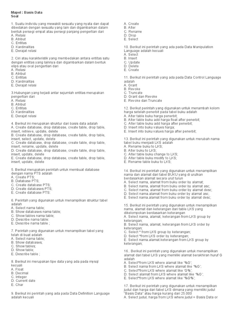 Soal Basis Data Kelas XI RPL | PDF
