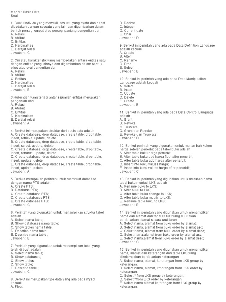 Soal Dan Jawaban Basis Data Kelas XI RPL | PDF