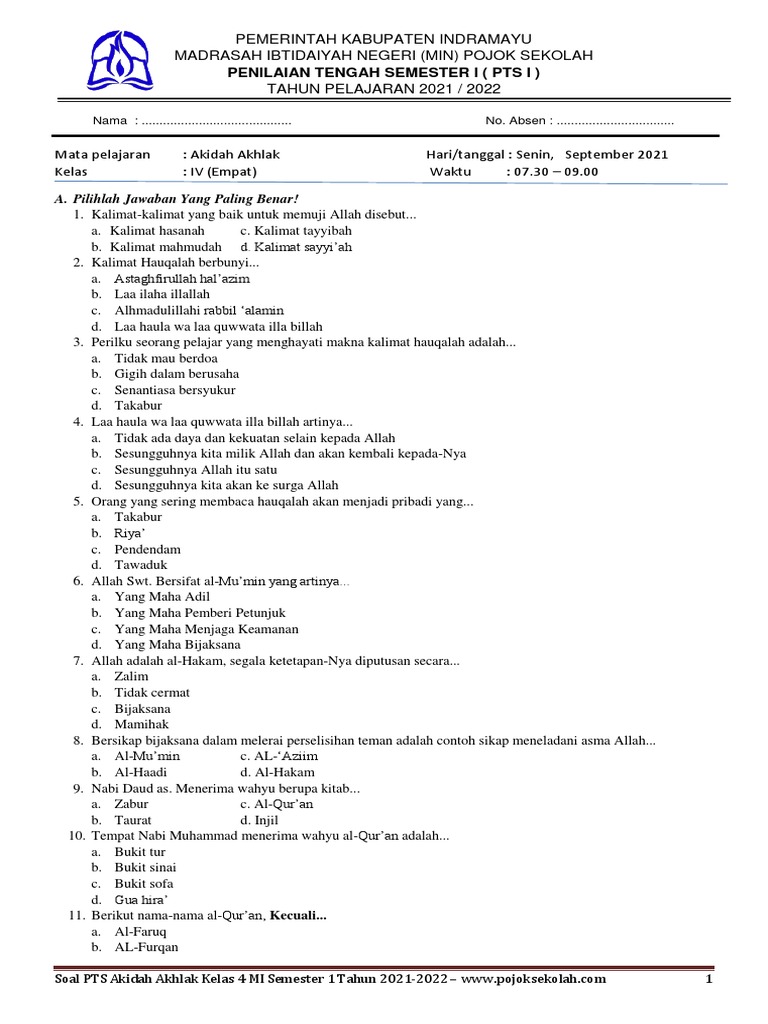 Soal PTS Akidah KLS 4 Mi | PDF